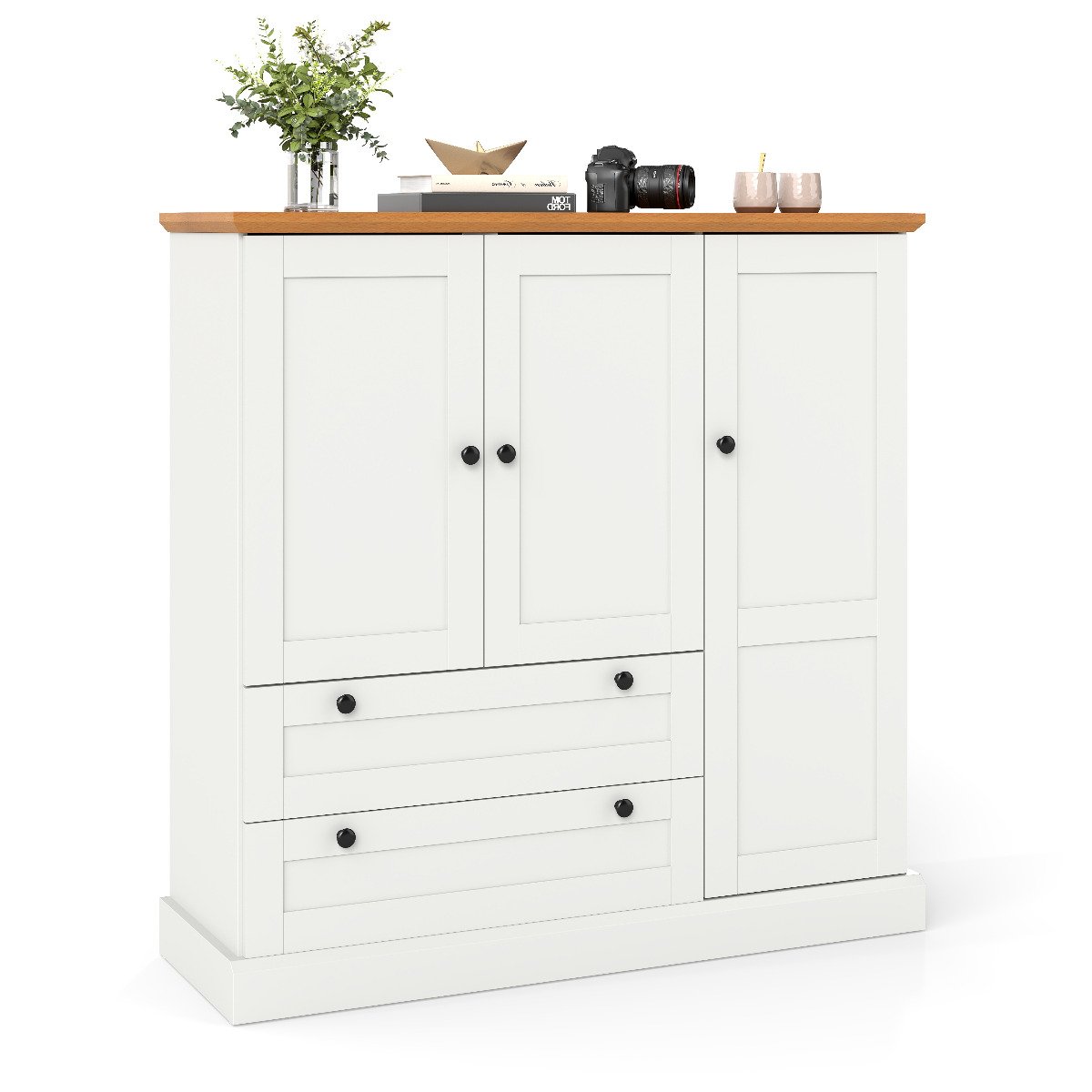 120 cm Kitchen Pantry with 3 Doors and 2 Large Drawers-White — Shopsta UK
