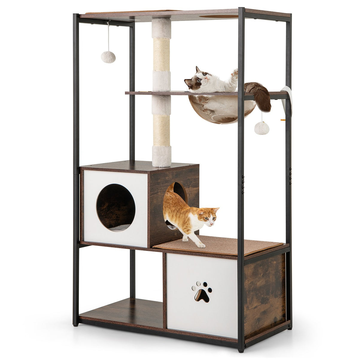 131CM Tall Wooden Cat Tree with Metal Frame Sisal Scratching Posts-Nat ...