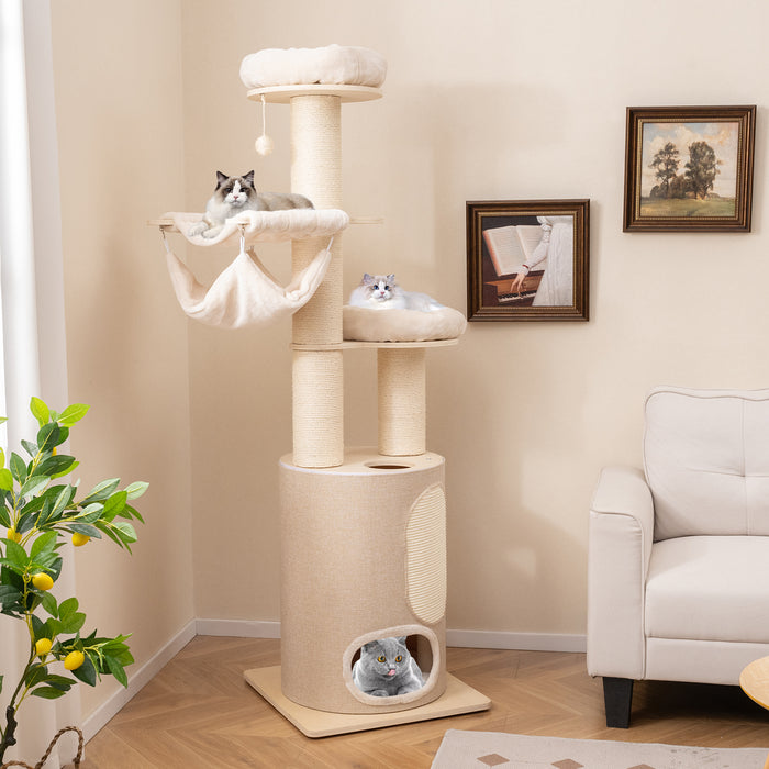 187 cm Tall Wooden Cat Tower Tree with 2-Story Cat Condo- — Shopsta UK