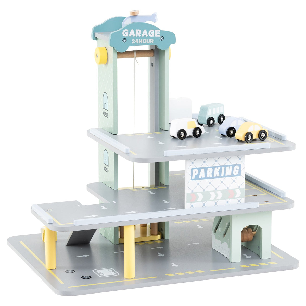 3-Layer Wooden Toy Garage with 4 Cars and Helicopter- — Shopsta UK