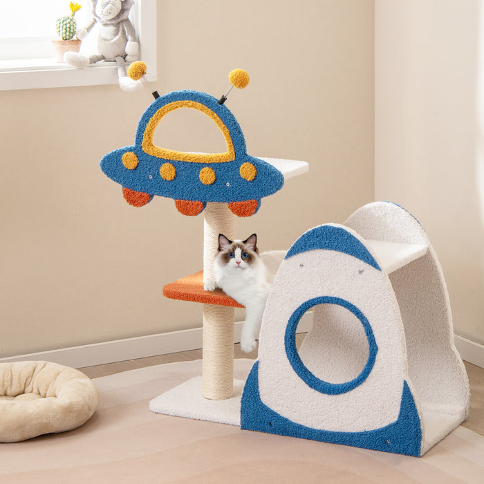 4-Level Cute Cat Tree Tower with UFO-Shaped Top Perch- — Shopsta UK