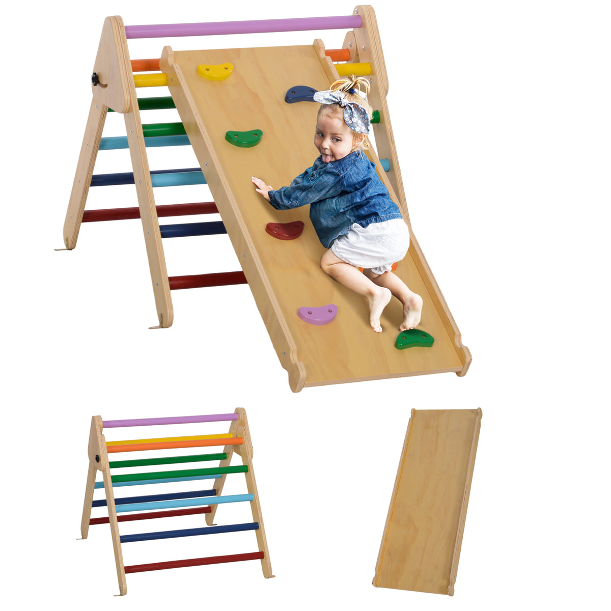 AIYAPLAY Toddler Climbing Frame for Kids with Ramp, 3 in 1 Wooden Pikl ...