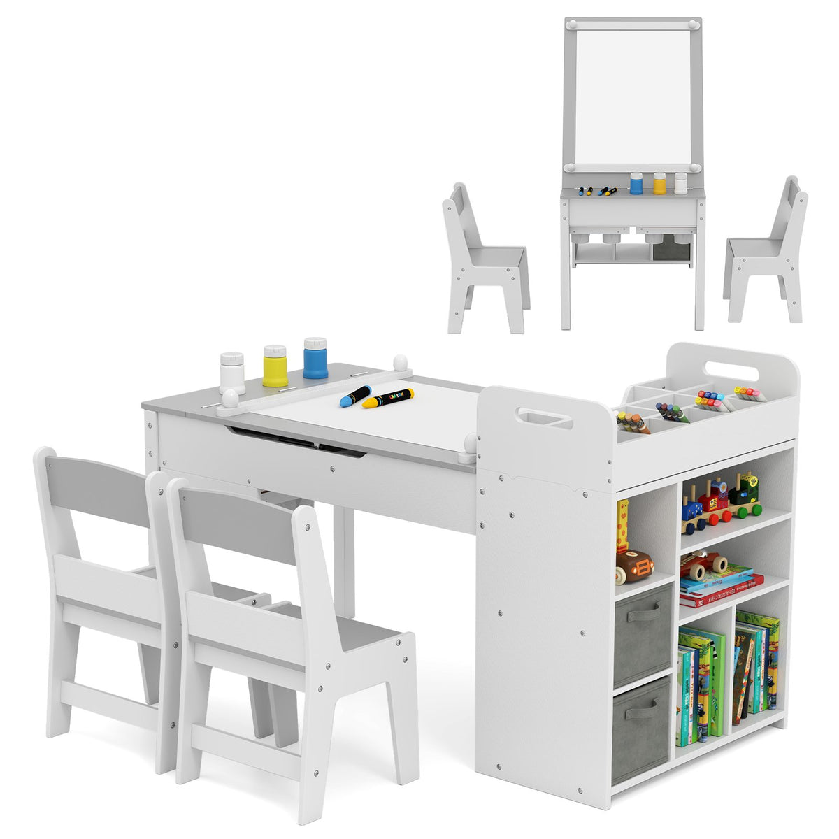 Kids Art Craft Table and Chairs Set with Paper Roll Flip-up Tabletop ...