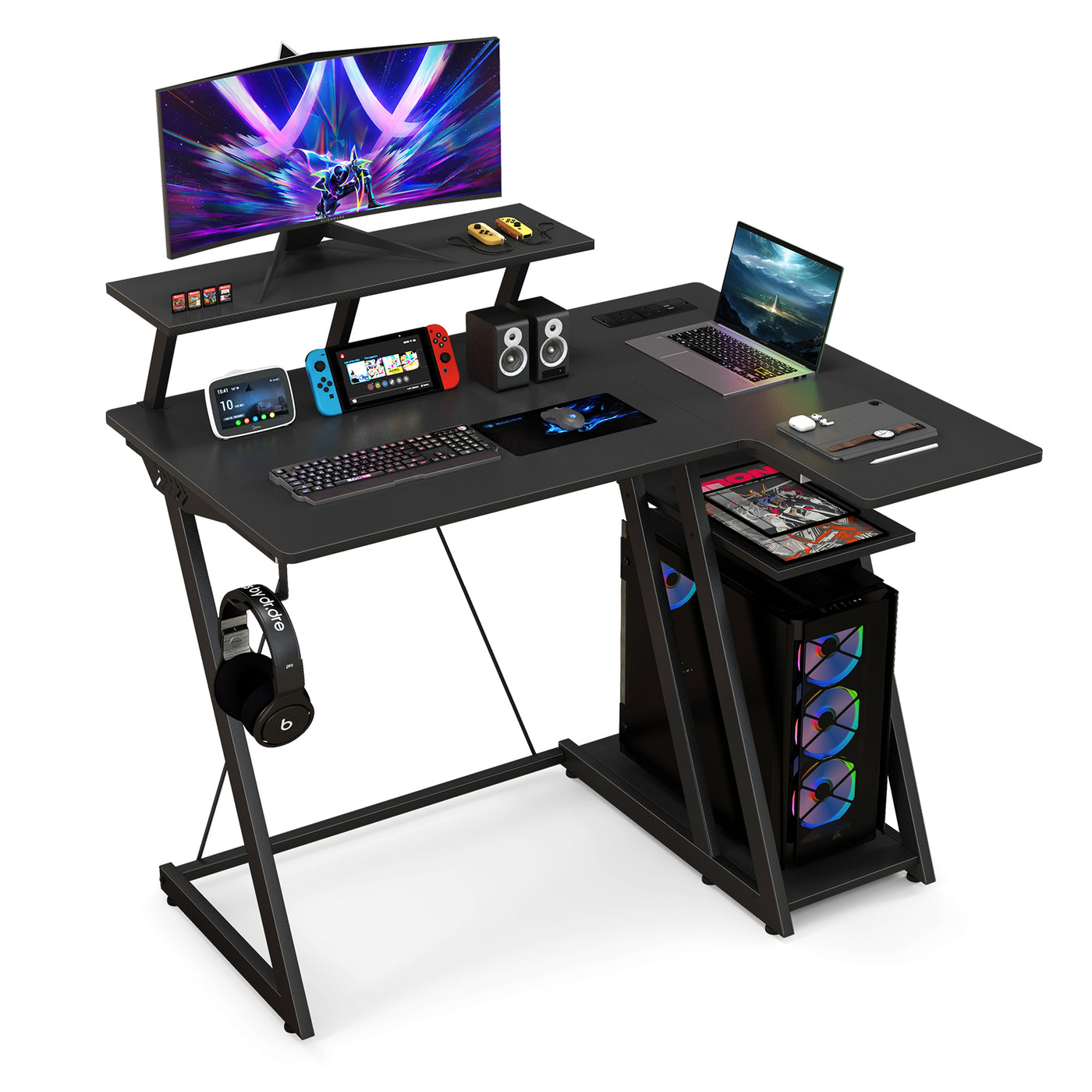 L-Shaped Gaming Desk with Monitor Shelf and Multifunction USB Outlets ...