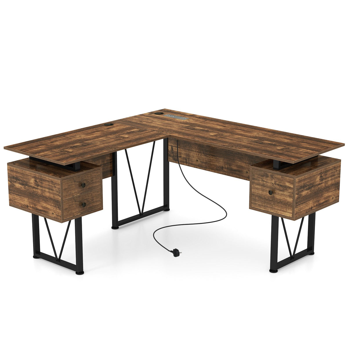 L-shaped Computer Desk with Power Outlets 3 Storage Drawers- — Shopsta UK