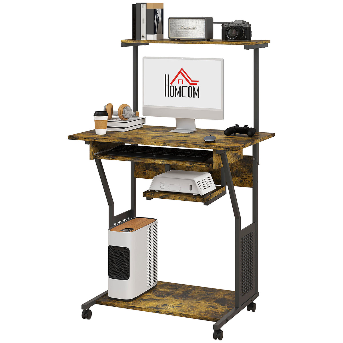 Mobile Industrial Computer Desk with Keyboard Tray & Shelves — Shopsta UK