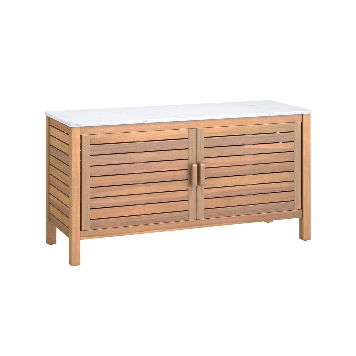 Patio Storage Cabinet 2-Door Acacia Wood Storage Container with Faux M ...