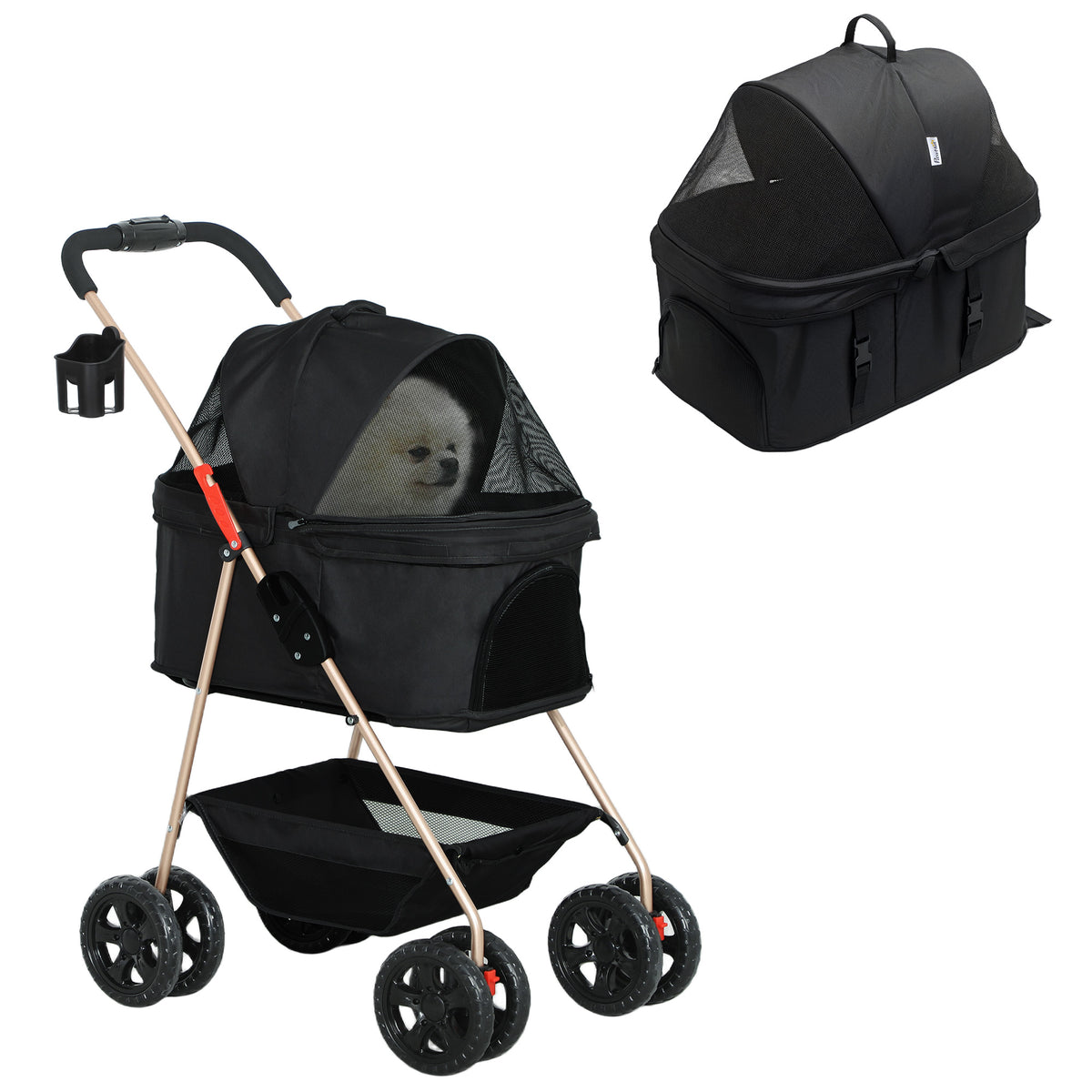 PawHut 3 in 1 Pet Stroller, Folding 4 Wheels Dog Pram with Detachable ...
