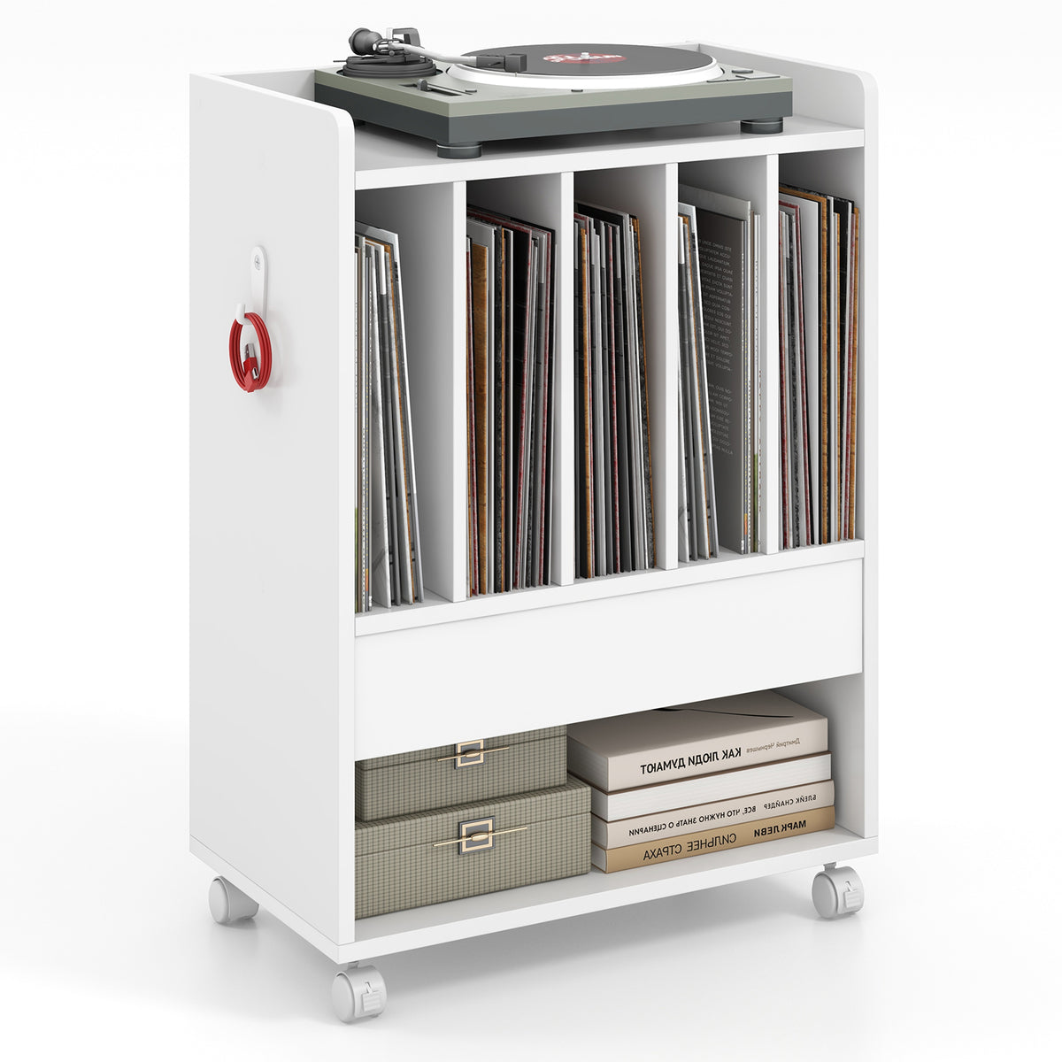 Rolling Record Player Stand with Drawer Hook and Lockable Wheels-White ...