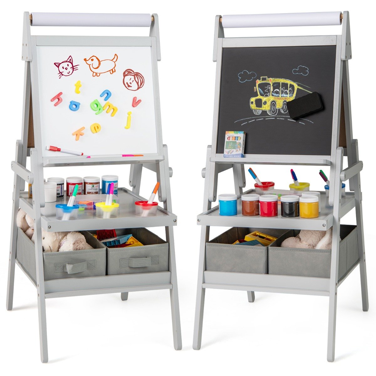 Double-sided Kids Easel with Magnetic Whiteboard and Chalkboard-Grey ...