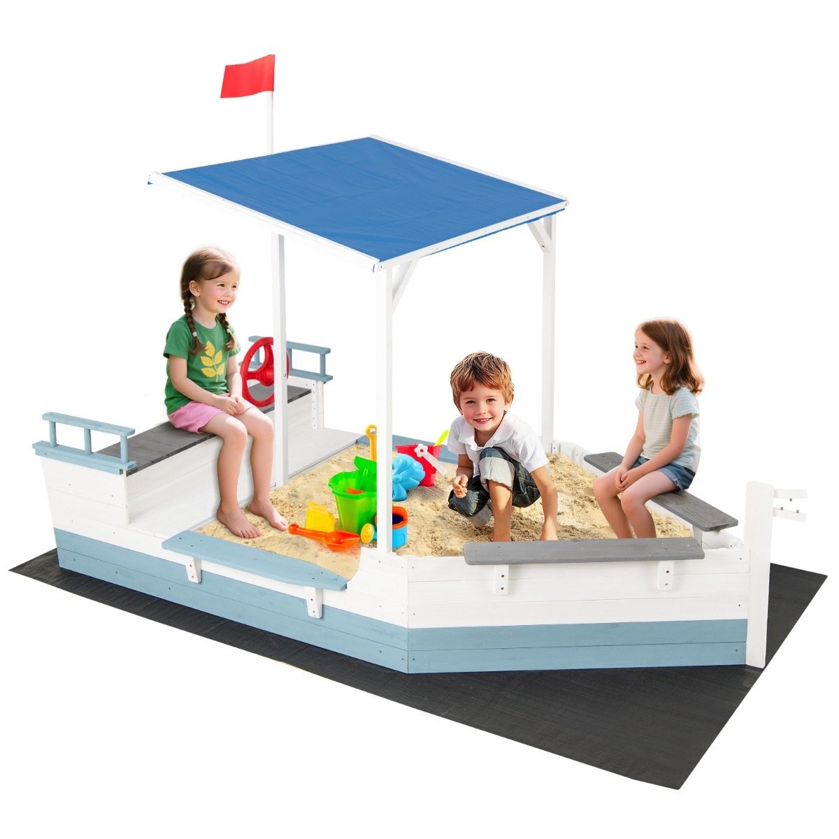Pirate Ship Sandbox with Canopy with Flag Rudder Bench Seats- — Shopsta UK