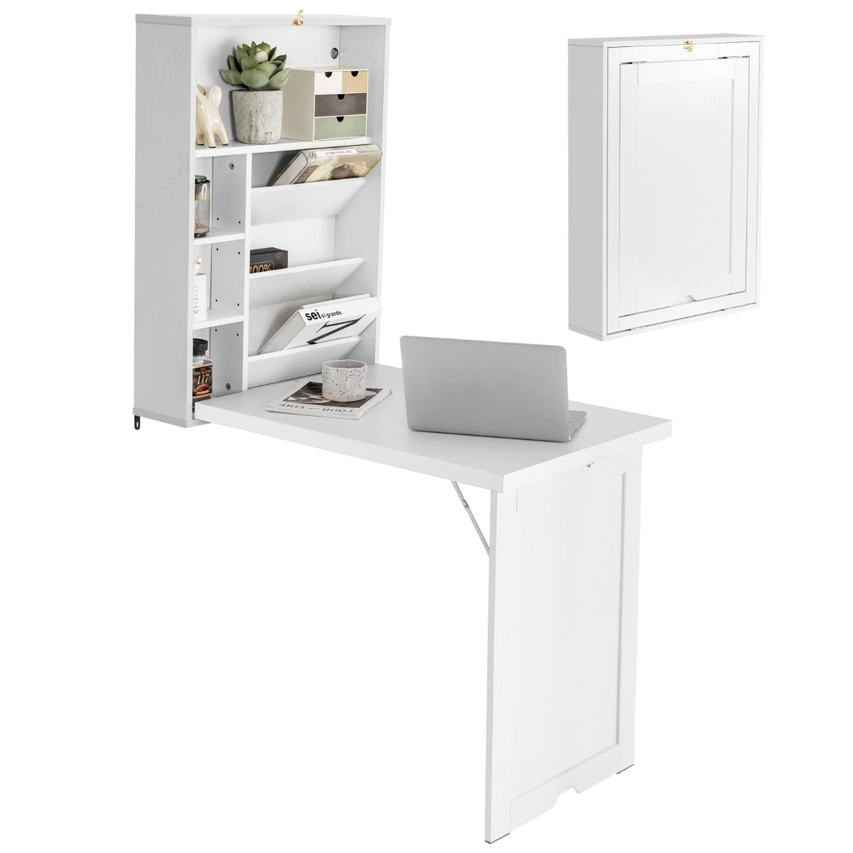 Wall Mounted Desk with 3-tier Tilt Storage Partition and Adjustable Sh ...