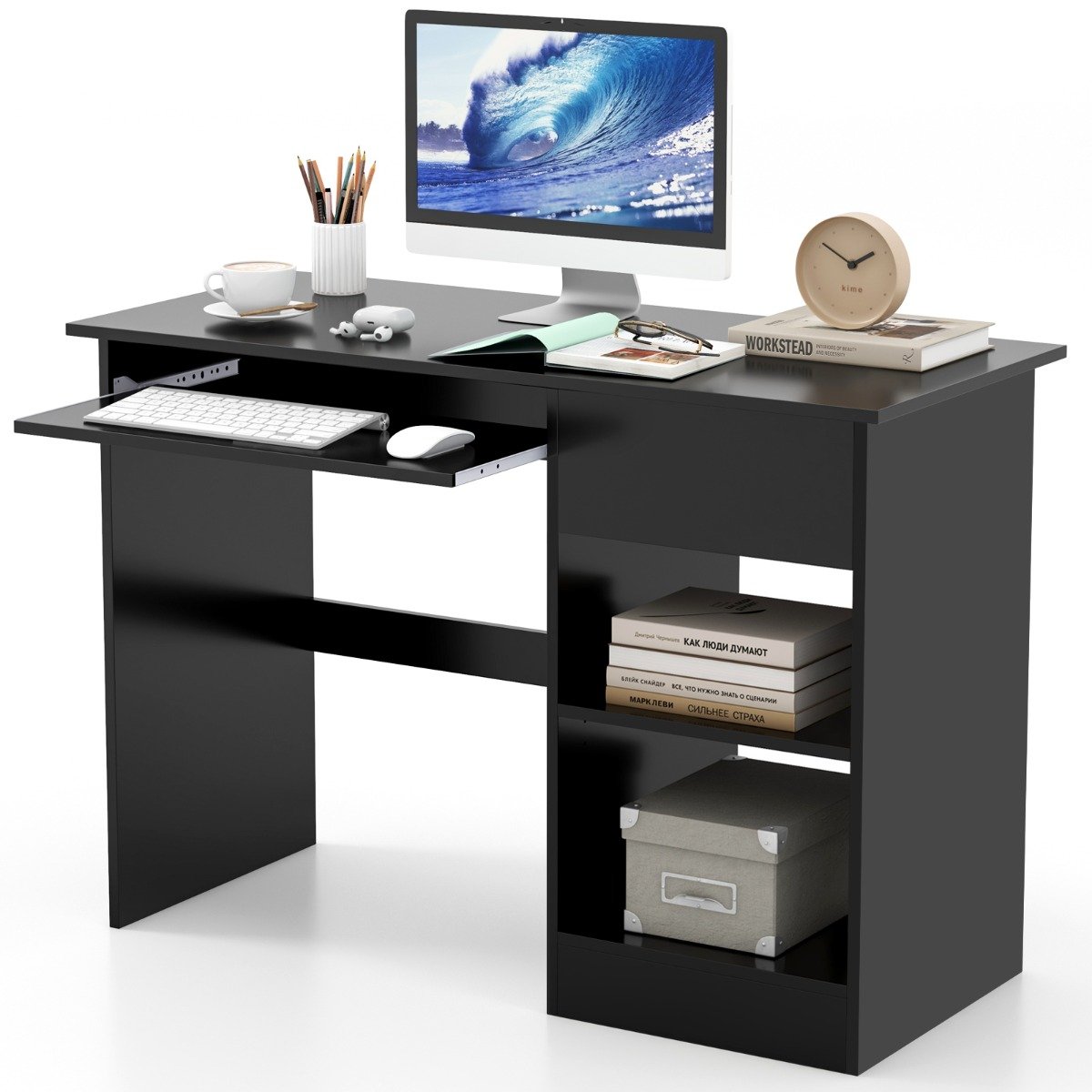 Wooden Computer Desk with Pull-out Keyboard Tray and Adjustable Storag ...