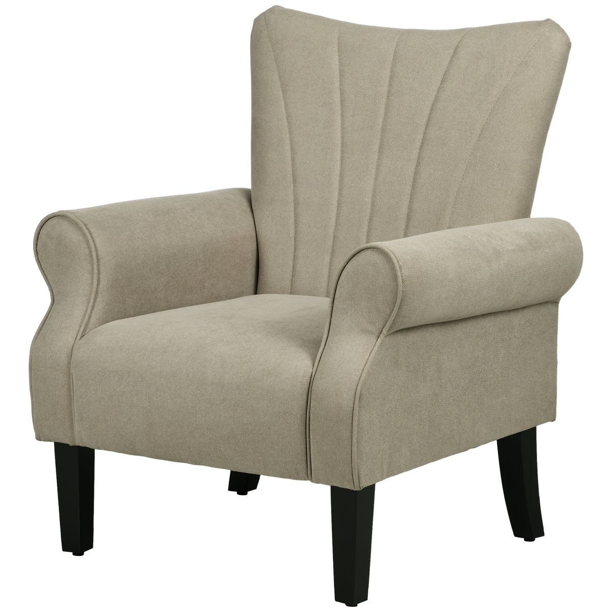 Beige High-Back Accent Chair - Elegant Padded Armchair with Wooden Legs ...