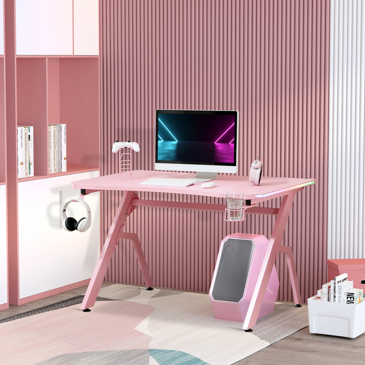 Pink Gaming Desk with RGB Lights - Ergonomic Computer Workstation ...