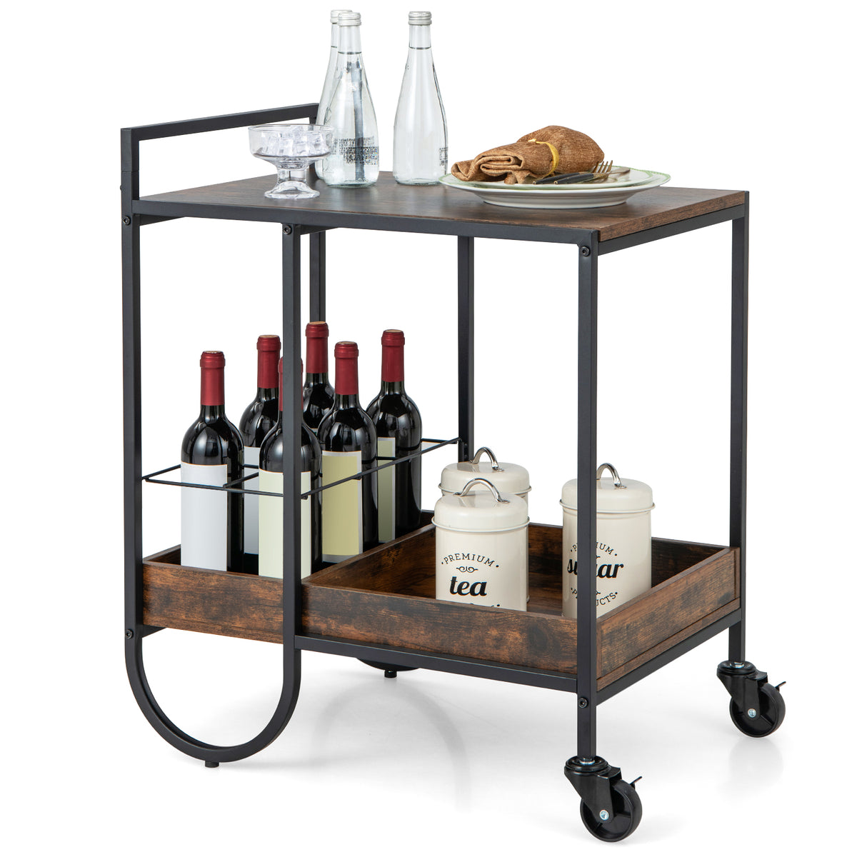Rustic Brown Rolling Wine Buffet Bar Cart with Removable Rack — Shopsta UK