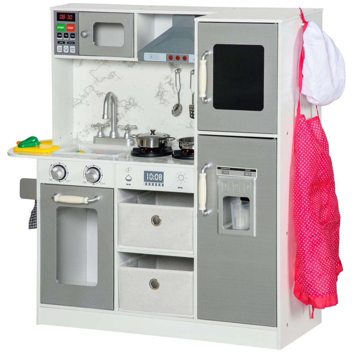 Interactive White Play Kitchen Set with Apron & Chef Hat for Ages 3-6 ...