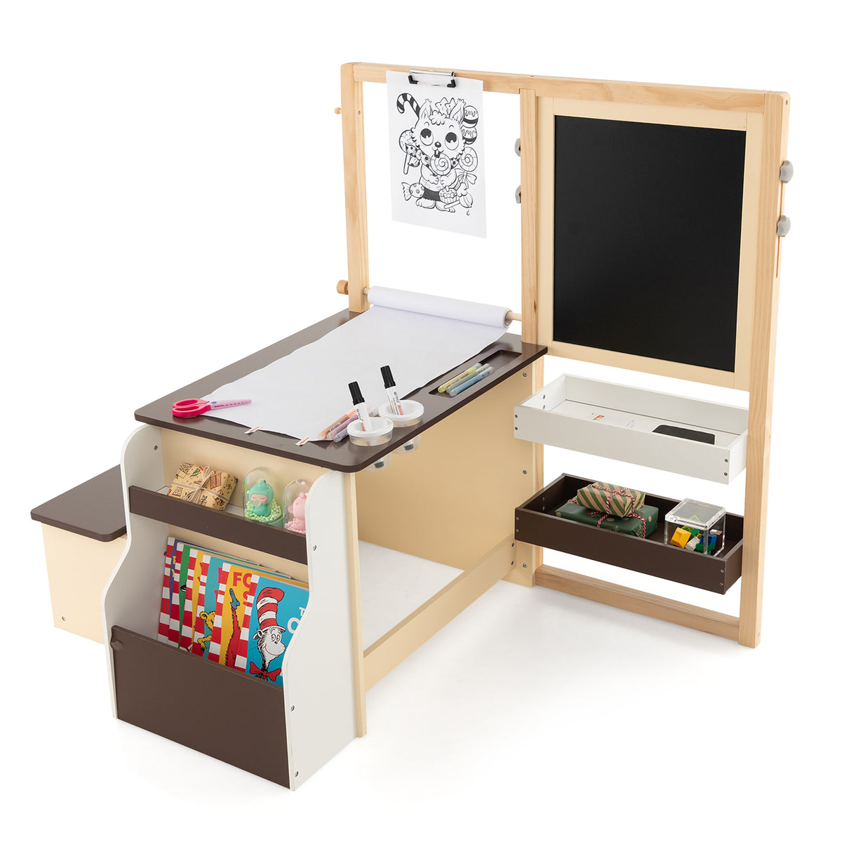 Kids Adjustable Easel and Bench Set with Bookshelf - Coffee Color ...