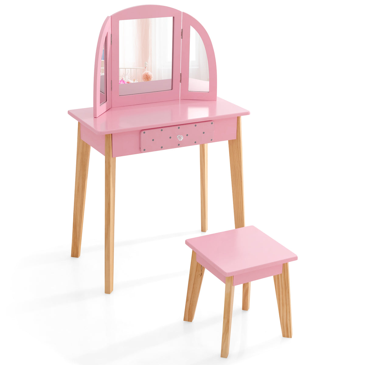 Girls Pink Dressing Table Set with Stool & Mirror for Dress-Up Play ...