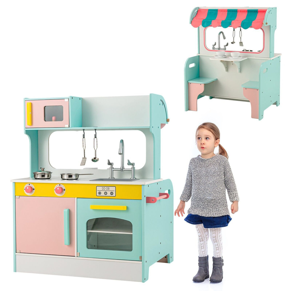 Kids 2-in-1 Play Kitchen & Restaurant Set with Real Water Faucet ...