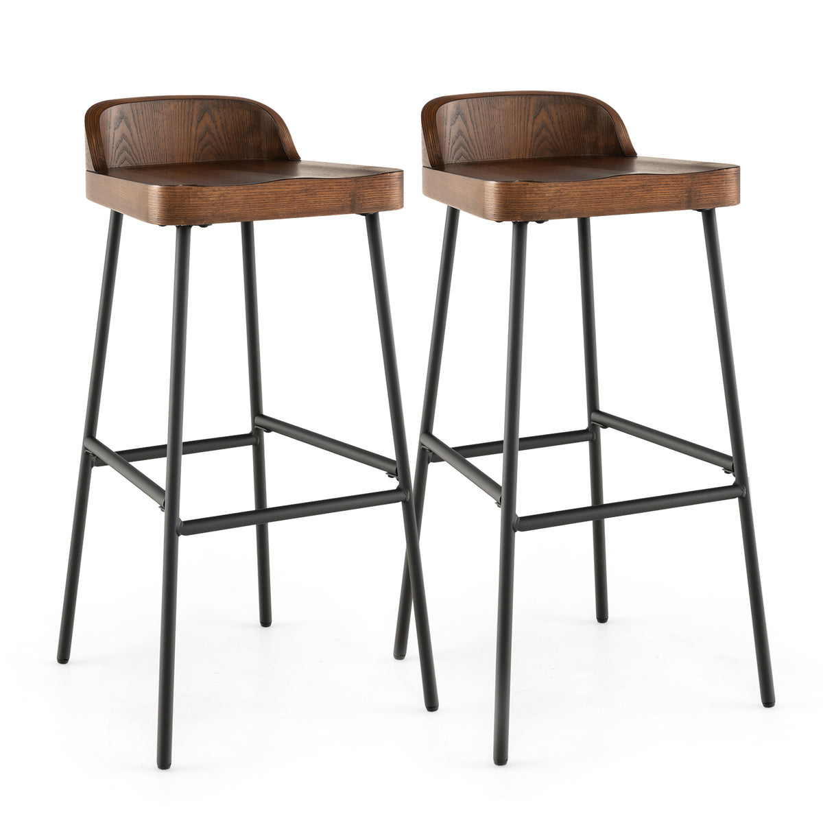 Brown Wooden Bar Stools with Metal Legs - Set of 2 Low Back Chairs ...