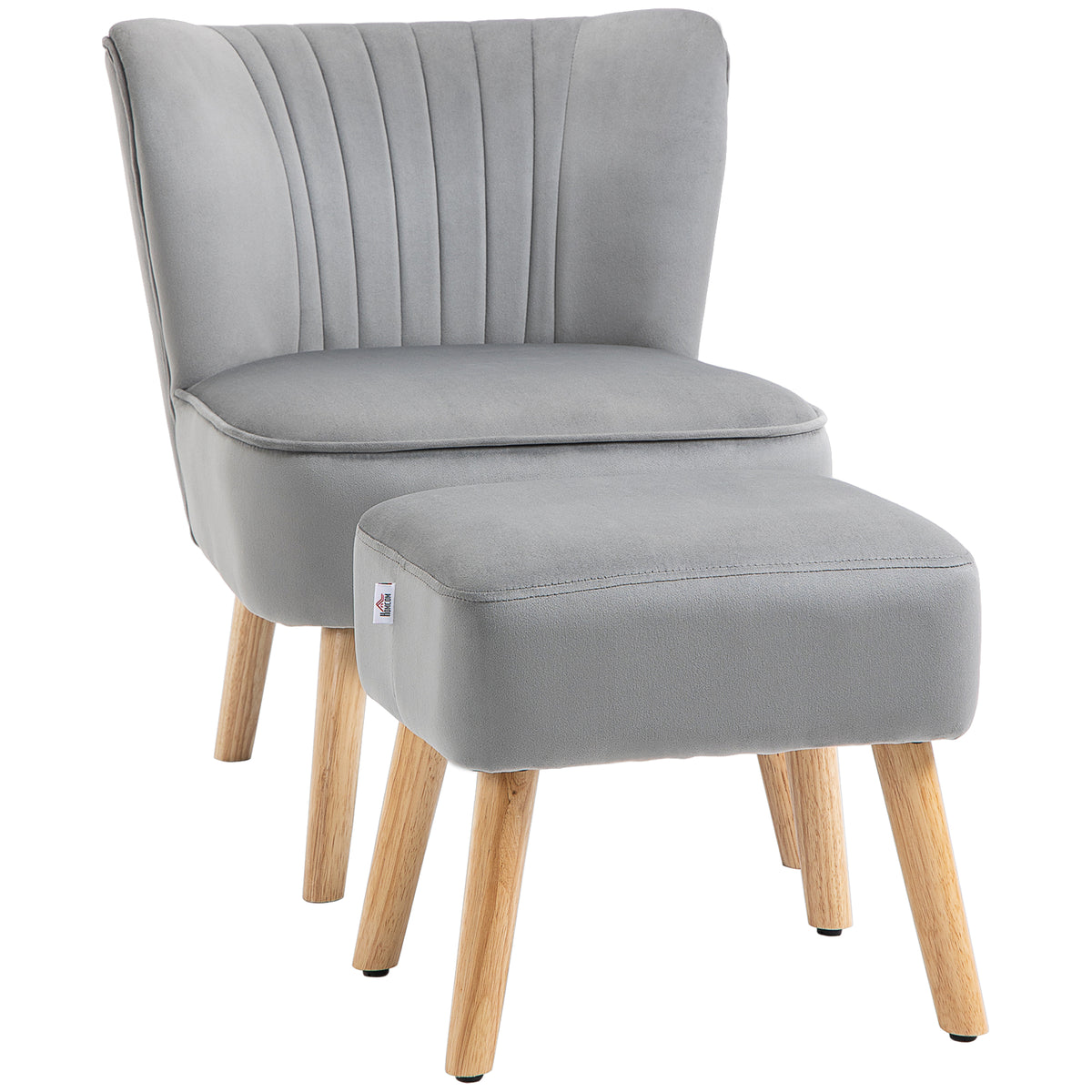 Light Grey Velvet Tub Chair & Ottoman Set - Elegant Wooden Leg Accent ...