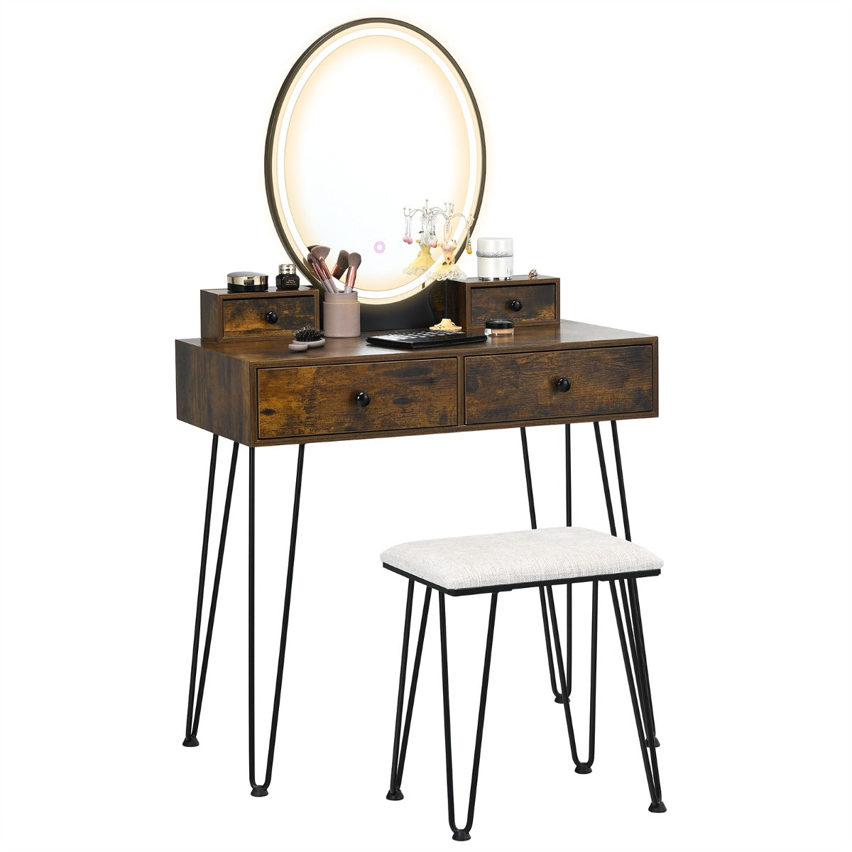 Rustic Brown Makeup Vanity with 3-Mode Lighted Mirror — Shopsta UK