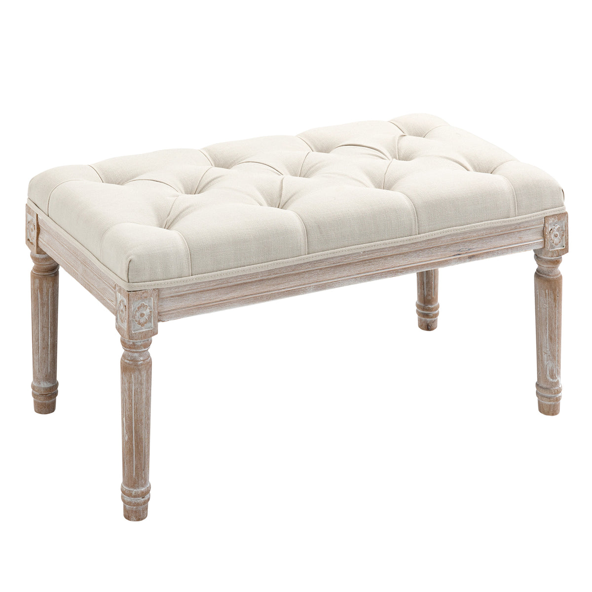 Beige Tufted Accent Bench - Linen Foot Stool for Living Room & Bedroom ...